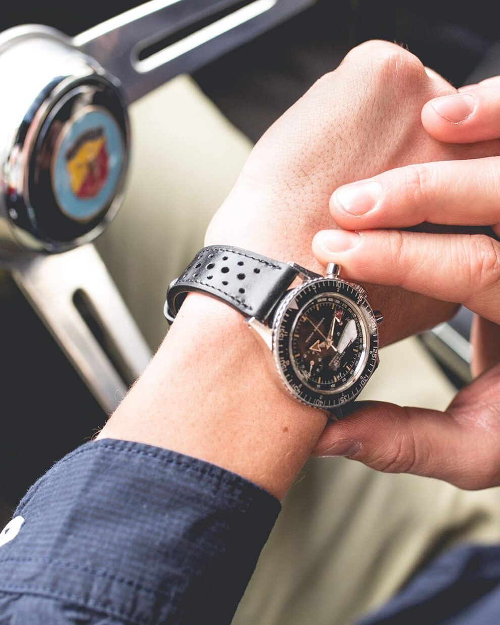 Rallye Watch Strap - Black polished calfskin leather