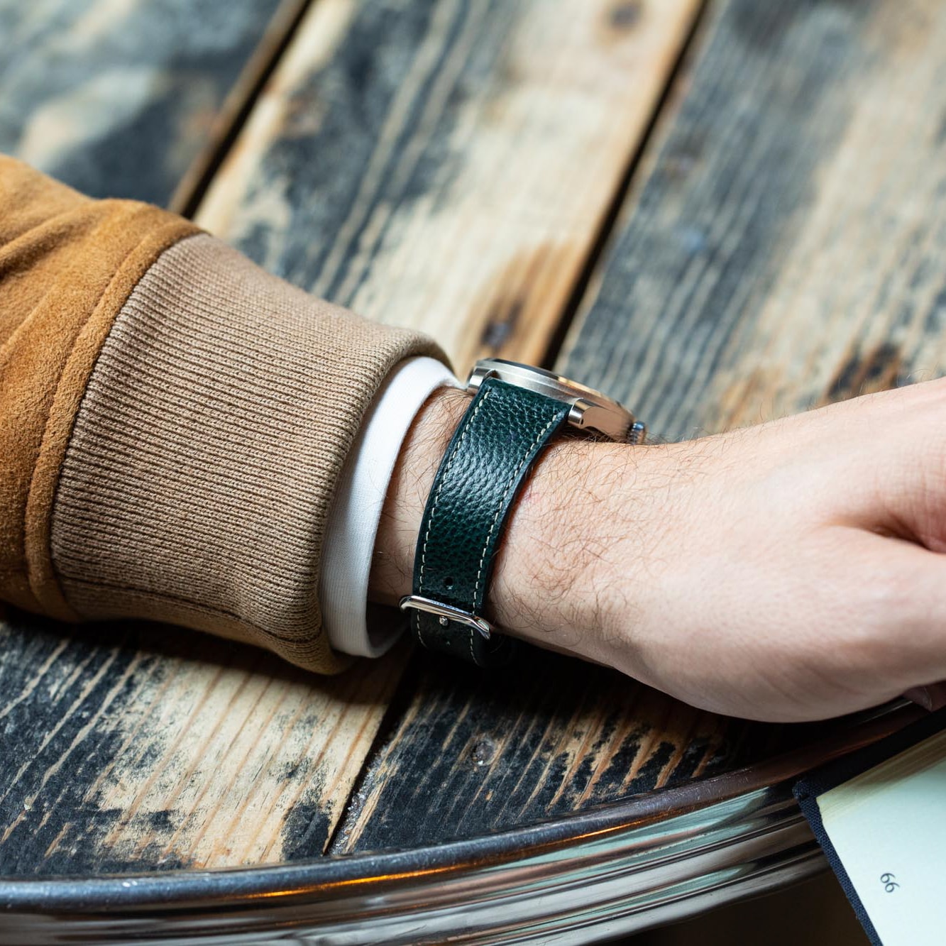 Grained Leather Watch Strap with Cream Stitching