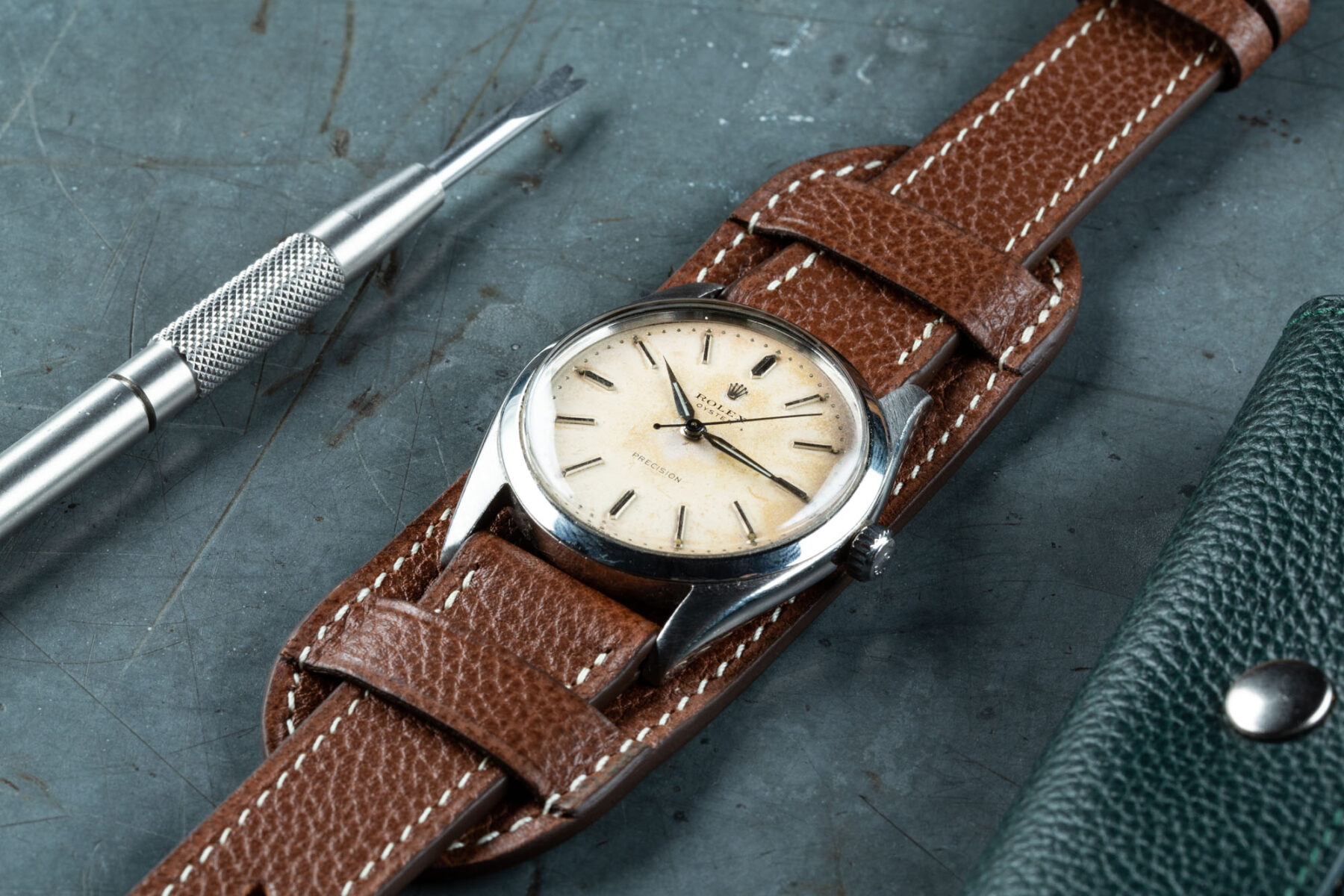 Bund Watch Strap - Cognac brown grained leather - Handmade in France