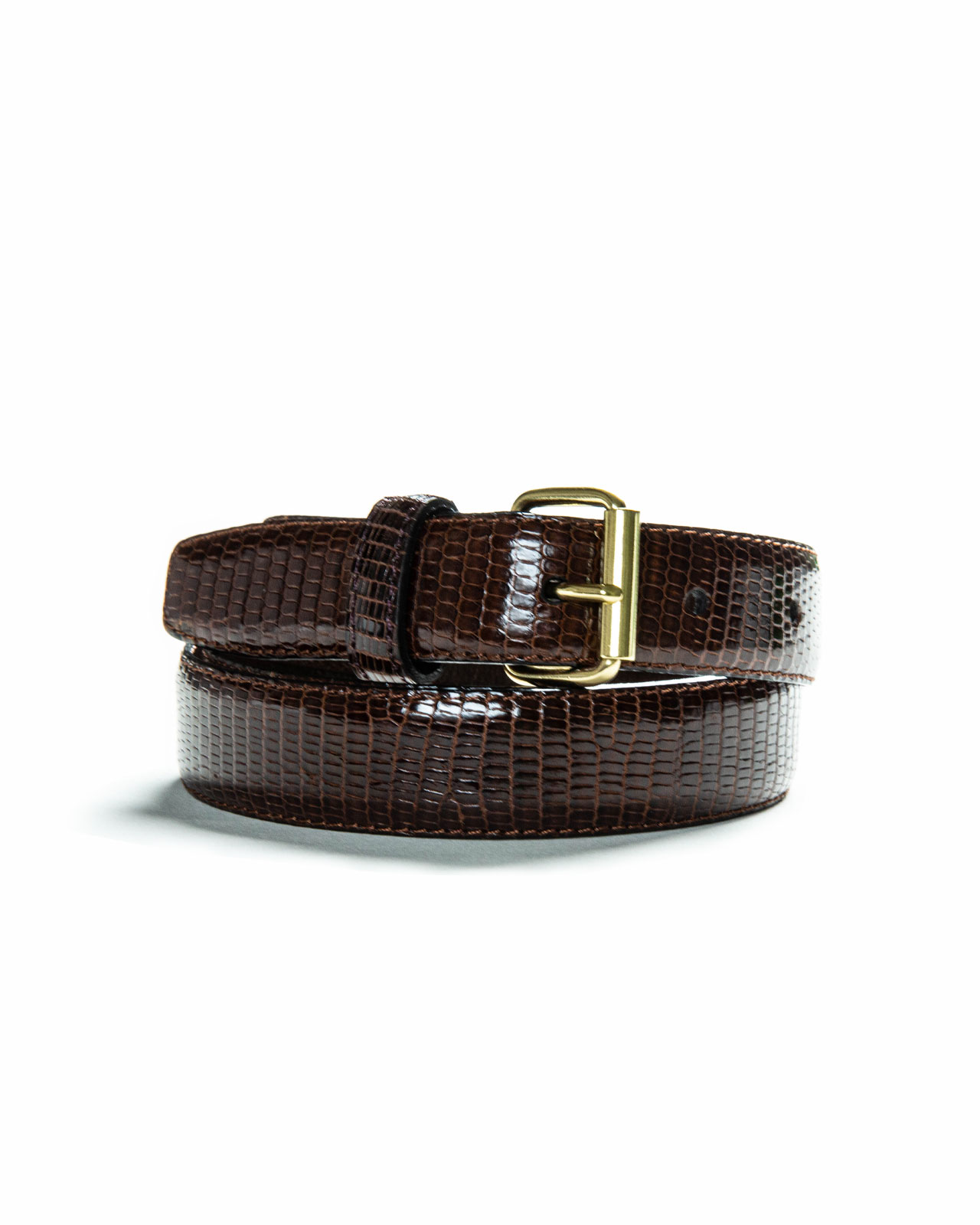 Hazelnut Lizard Leather Belt With Brass Buckel - High end